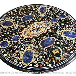 Round Black Marble Dining Table Top Shiny Multicolor Stone Inlay Work ...