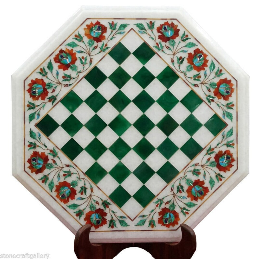 Octagonal Decorative Chess Table W/ Figures, Artisanal Marble Chess ...