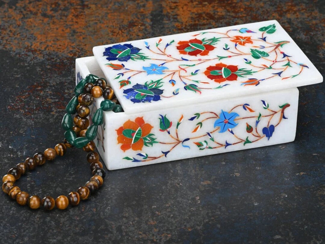 Vintage Multi Semi Precious Stone Marble Inlay Small White Marble ...