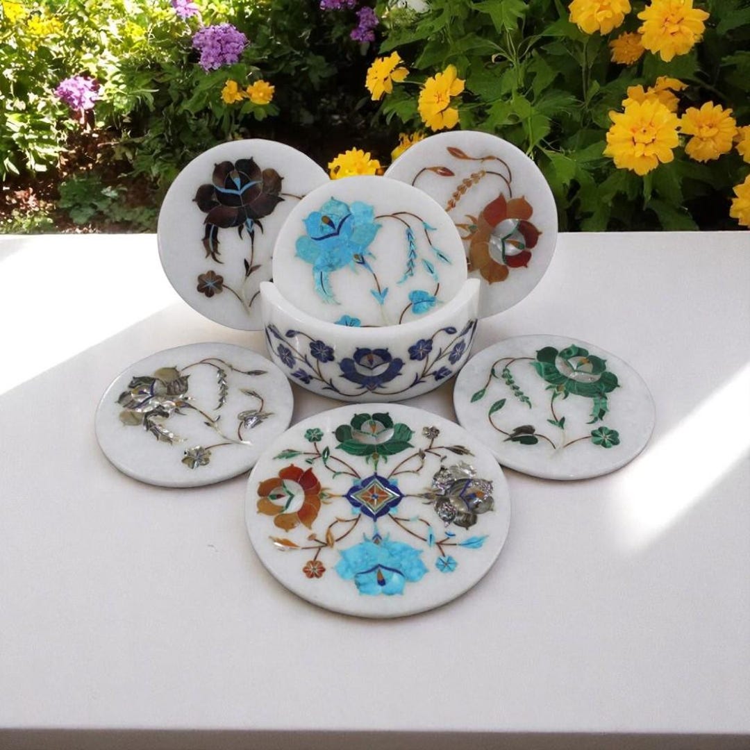Coasters Set Marble Inlay Art, Marble Inlay Coaster Set for Home ...