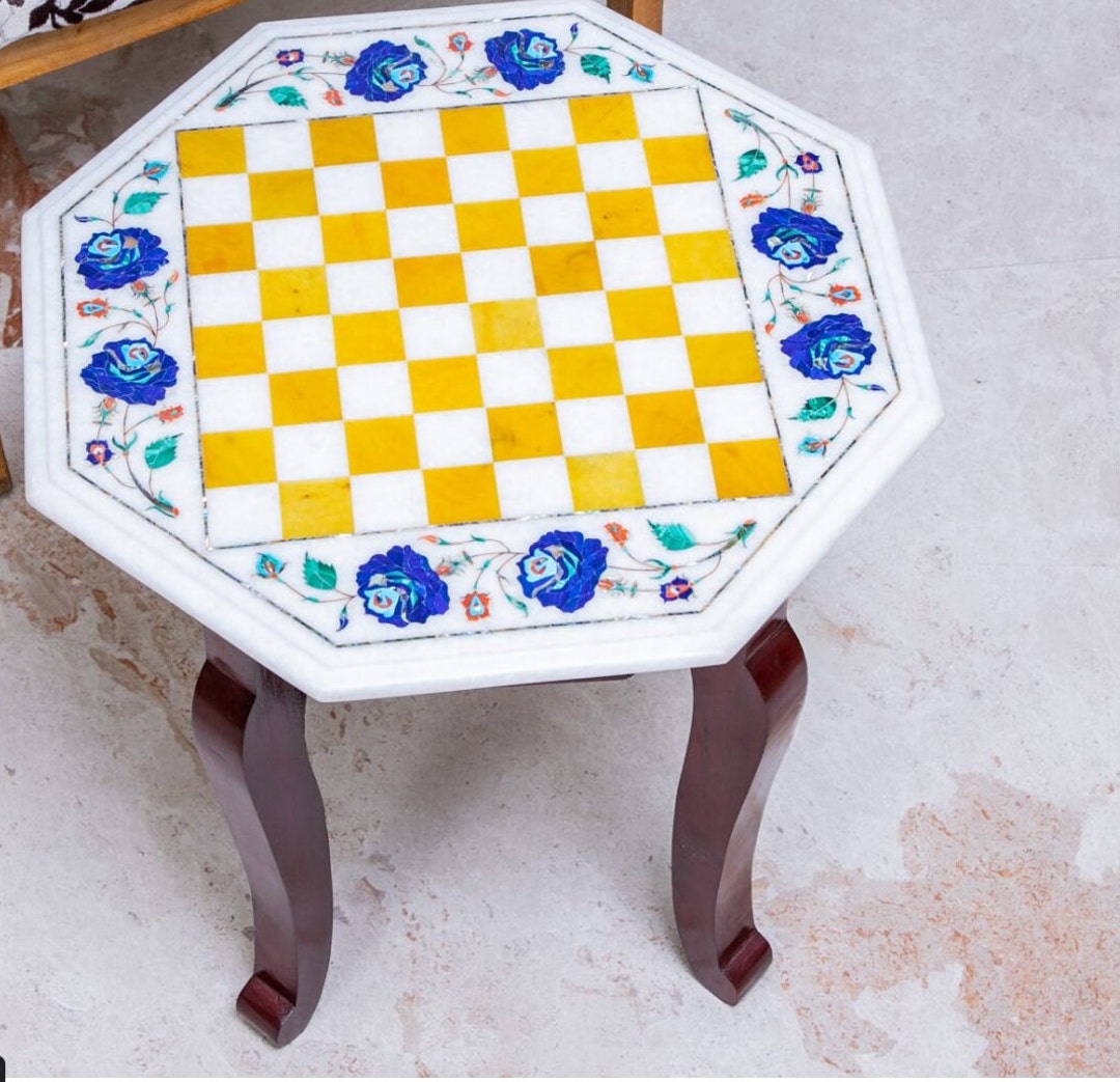 Octagonal Decorative Chess Table W/ Figures, Artisanal Marble Chess ...