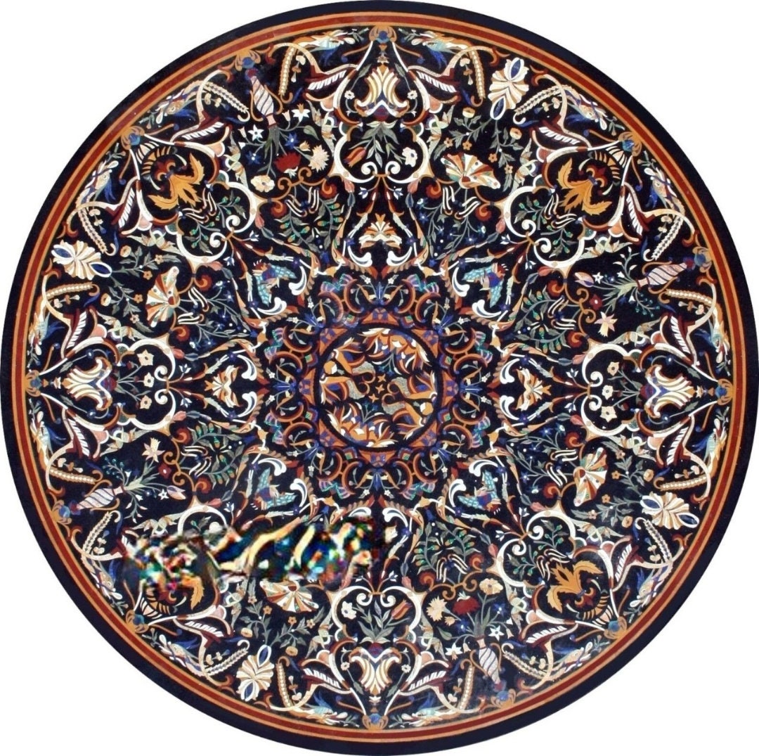Marble Inlay Coffee Table Top Pietra Dura Living Room Furniture Black ...