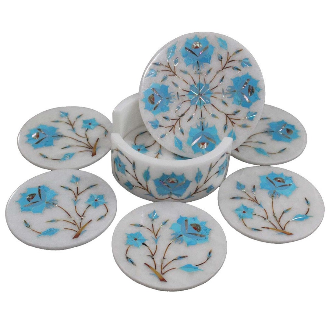 Marble Inlay Coasters Set / Marble Coasters / Stone Coasters / Lapis ...