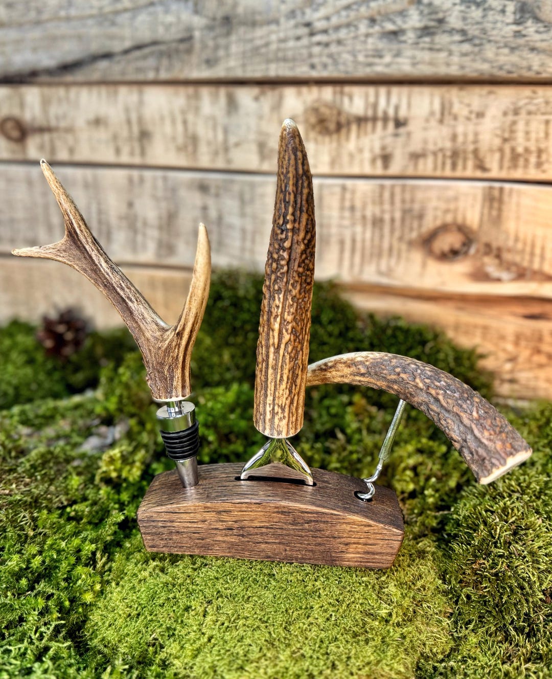 Antler Bar Set With Wooden Stand - Beer Bottle Opener, Wine Opener and ...