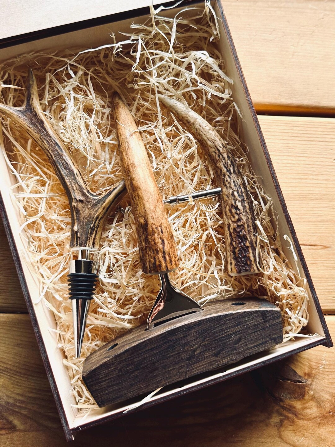 Antler Bar Set With Wooden Stand Beer Bottle Opener, Wine Opener and ...