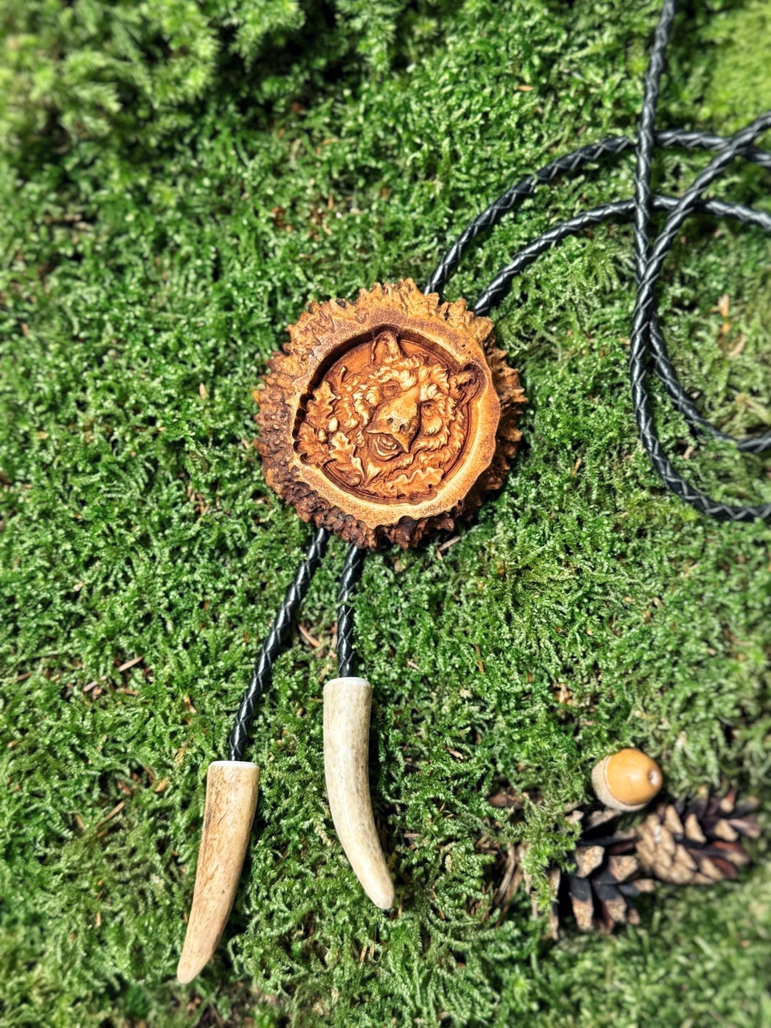 Antler Bolo Tie "the Wild Bear", Real Moose Antler Burr With Engraved ...