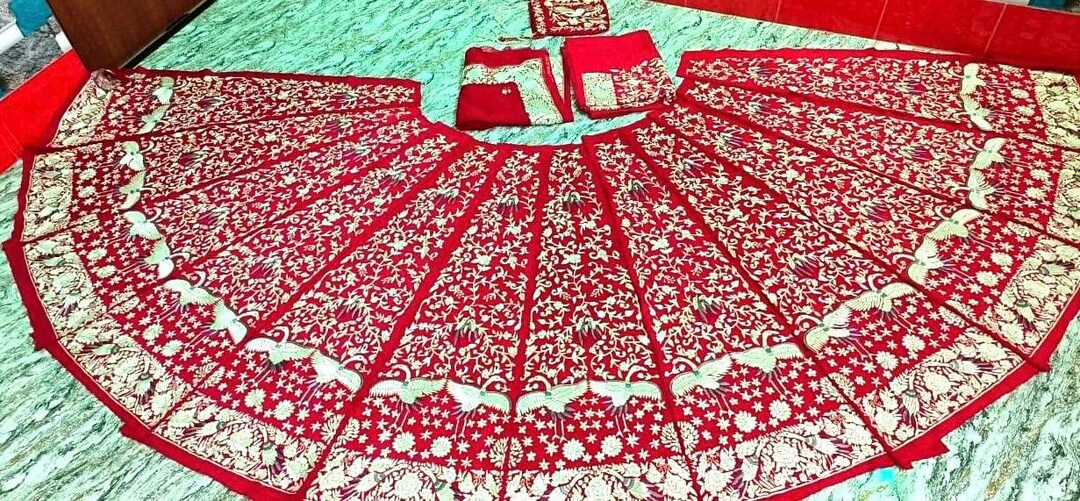 Indian Wedding Lehenga Parsi Gara in Pure Georgette Red and White Hand ...