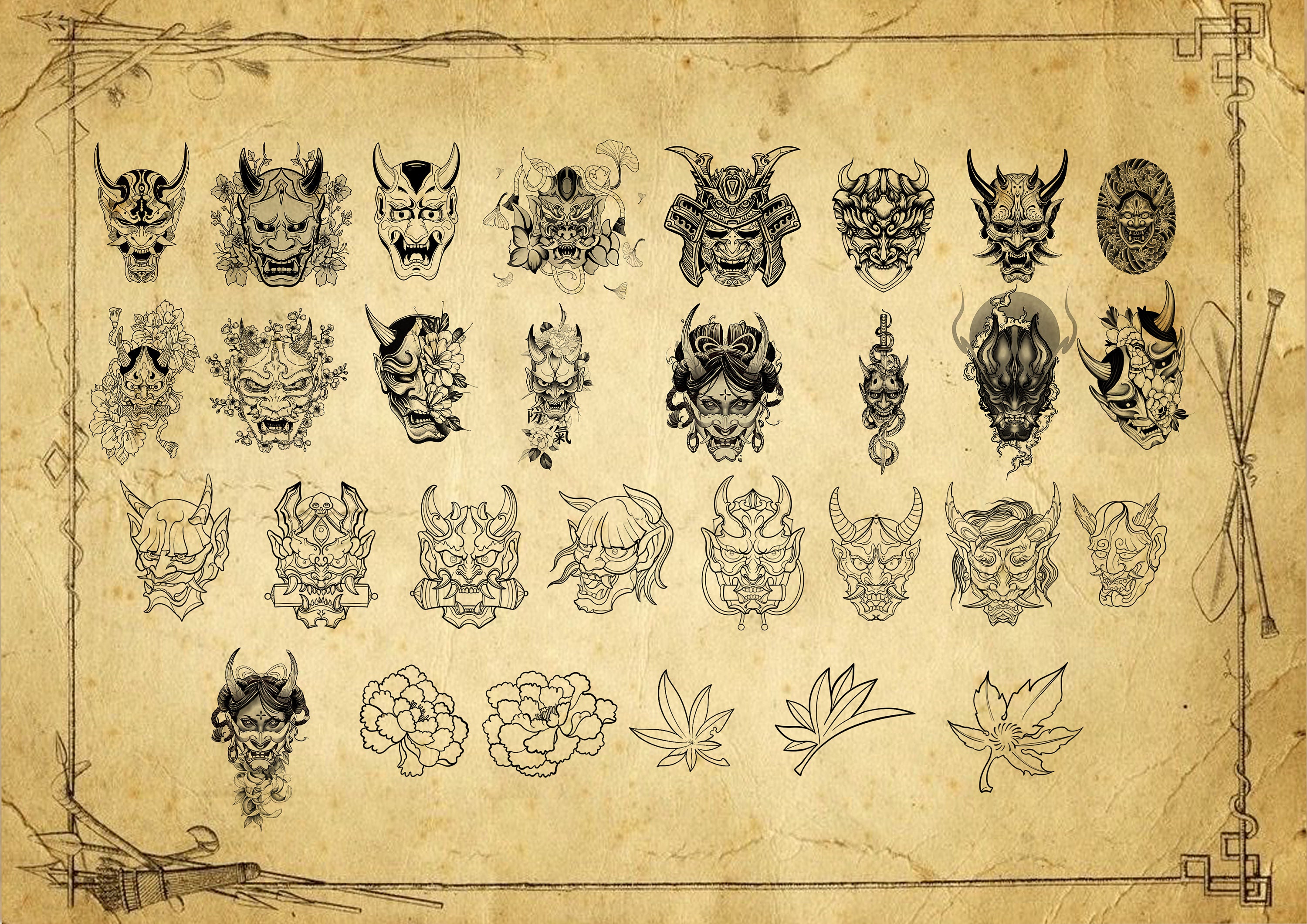 100 Premium Hanya Mask Tattoo Stamps Peony, Waves, Lotus, Maple, Sakura ...