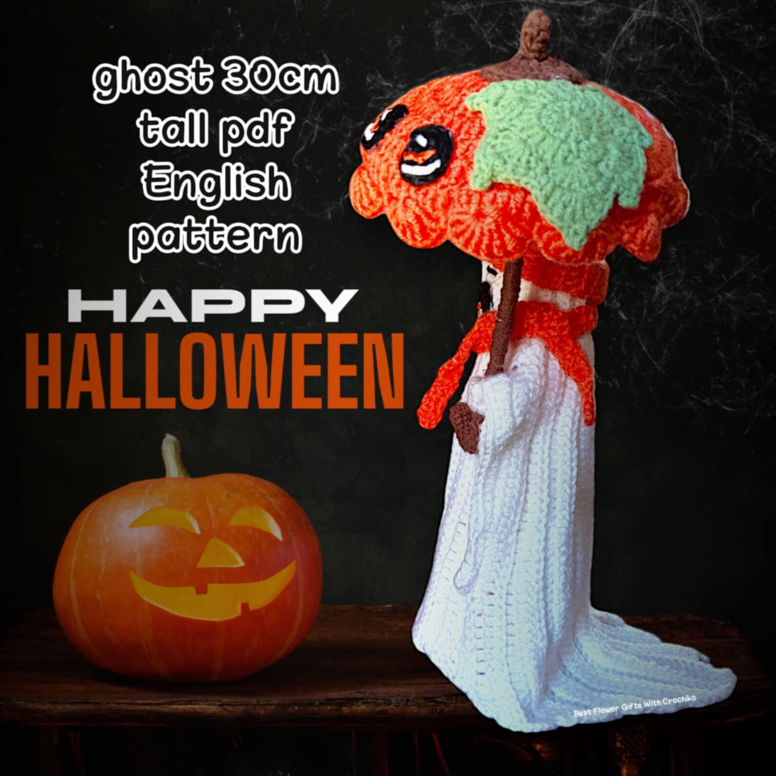 Halloween Crochet Ghost With Pumpkin Hat and Umbrella 30cm Tall PDF ...
