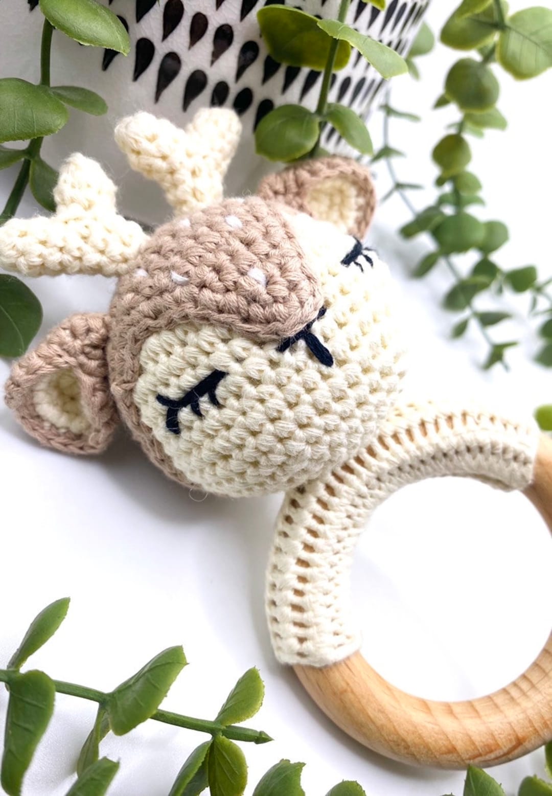 Deer, Reindeer, Baby Rattle, Crochet, Wooden, Toy, Baby Shower, Cute ...