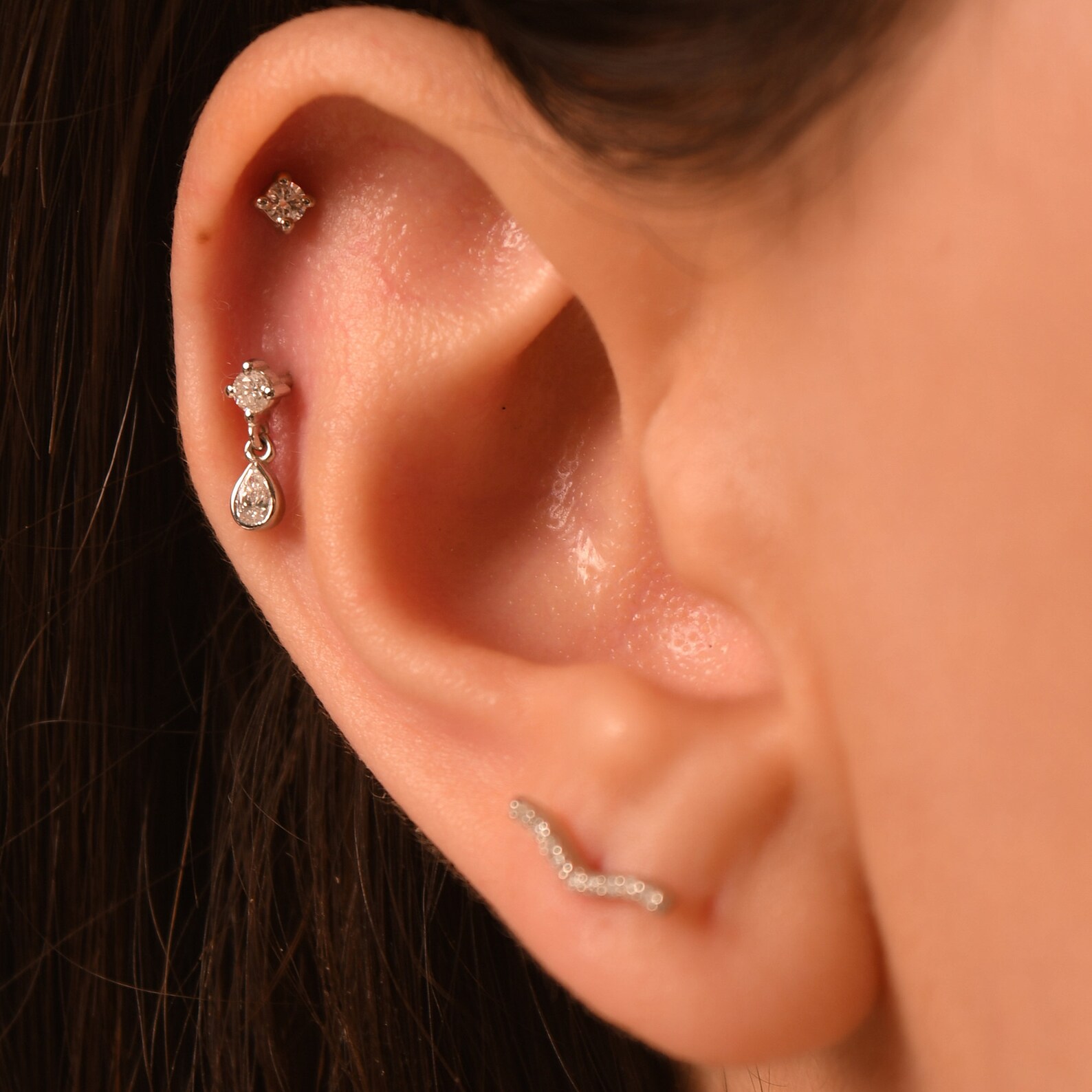 14K Gold Diamond Dangle Cartilage Earrings, Diamond Helix Earrings ...