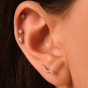 14K Gold Diamond Dangle Cartilage Earrings, Diamond Helix Earrings ...