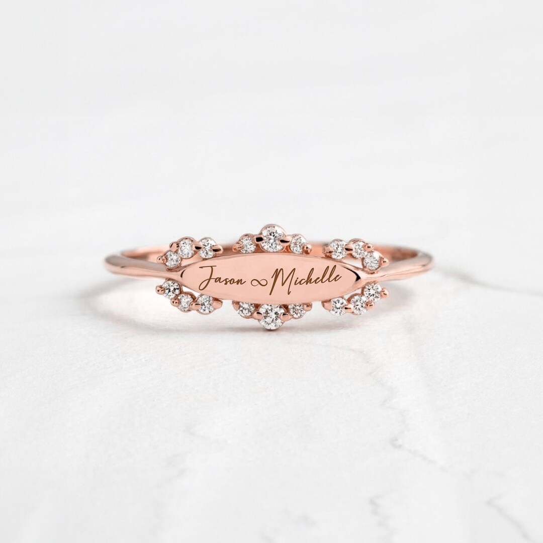 18K Solid Gold Diamond Signet Ring, Name Engraved Ring, Dainty ...