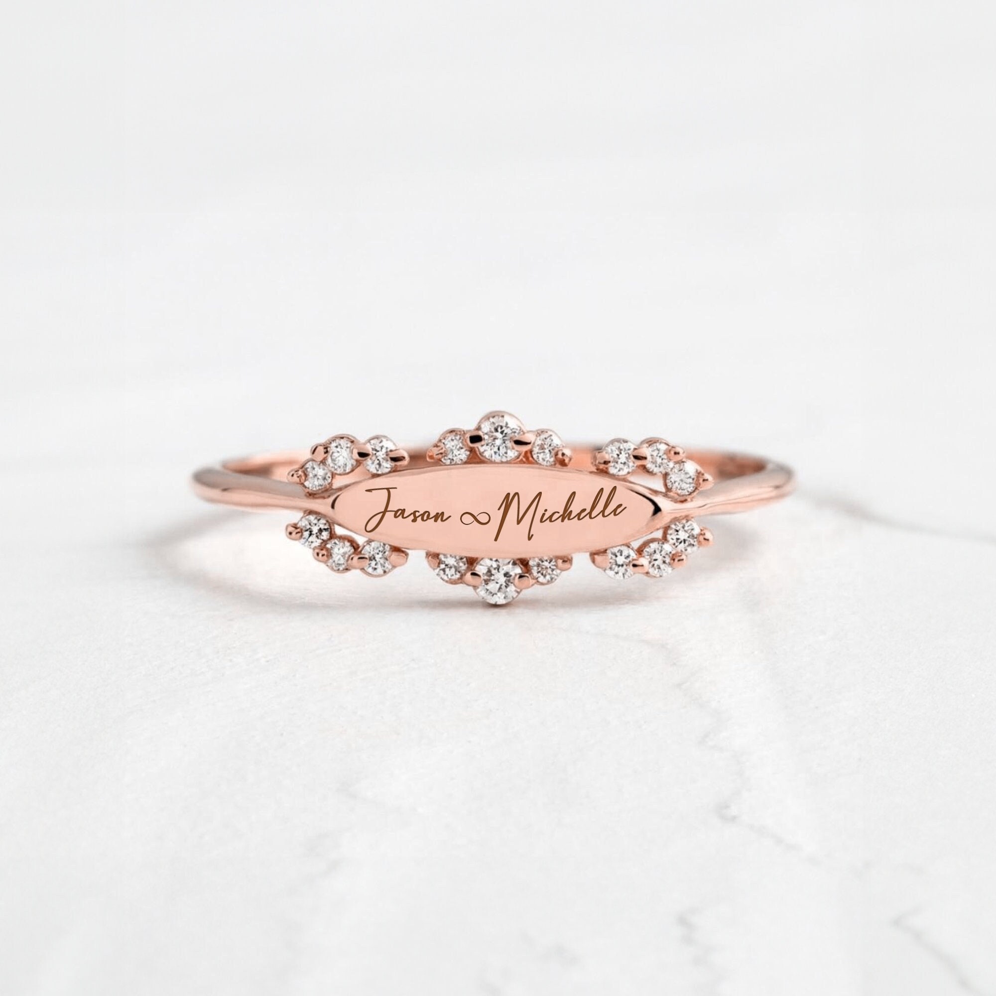 18K Solid Gold Diamond Signet Ring, Name Engraved Ring, Dainty ...