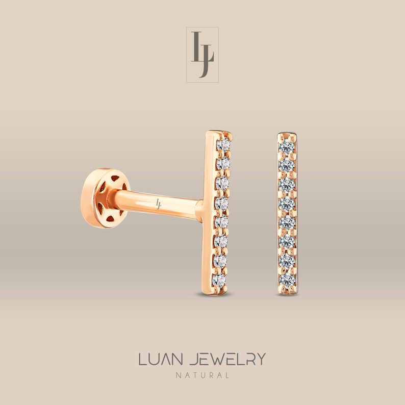 14K Solid Gold Diamond Vertical Helix Earrings, Bar Tragus Earrings ...