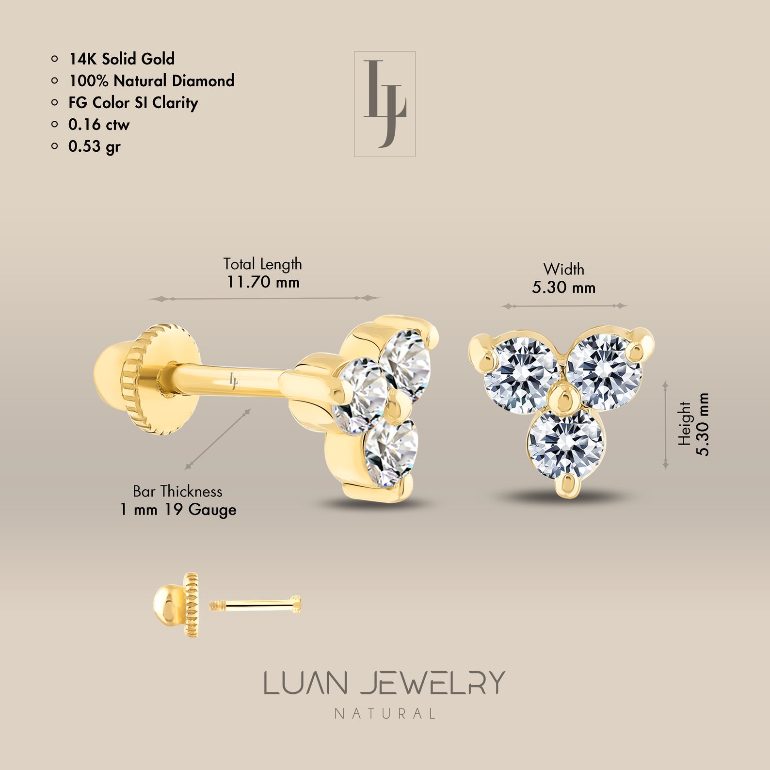 Diamond Trio Earrings, 14K Solid Gold Three Diamond Cluster Earring, 3 ...