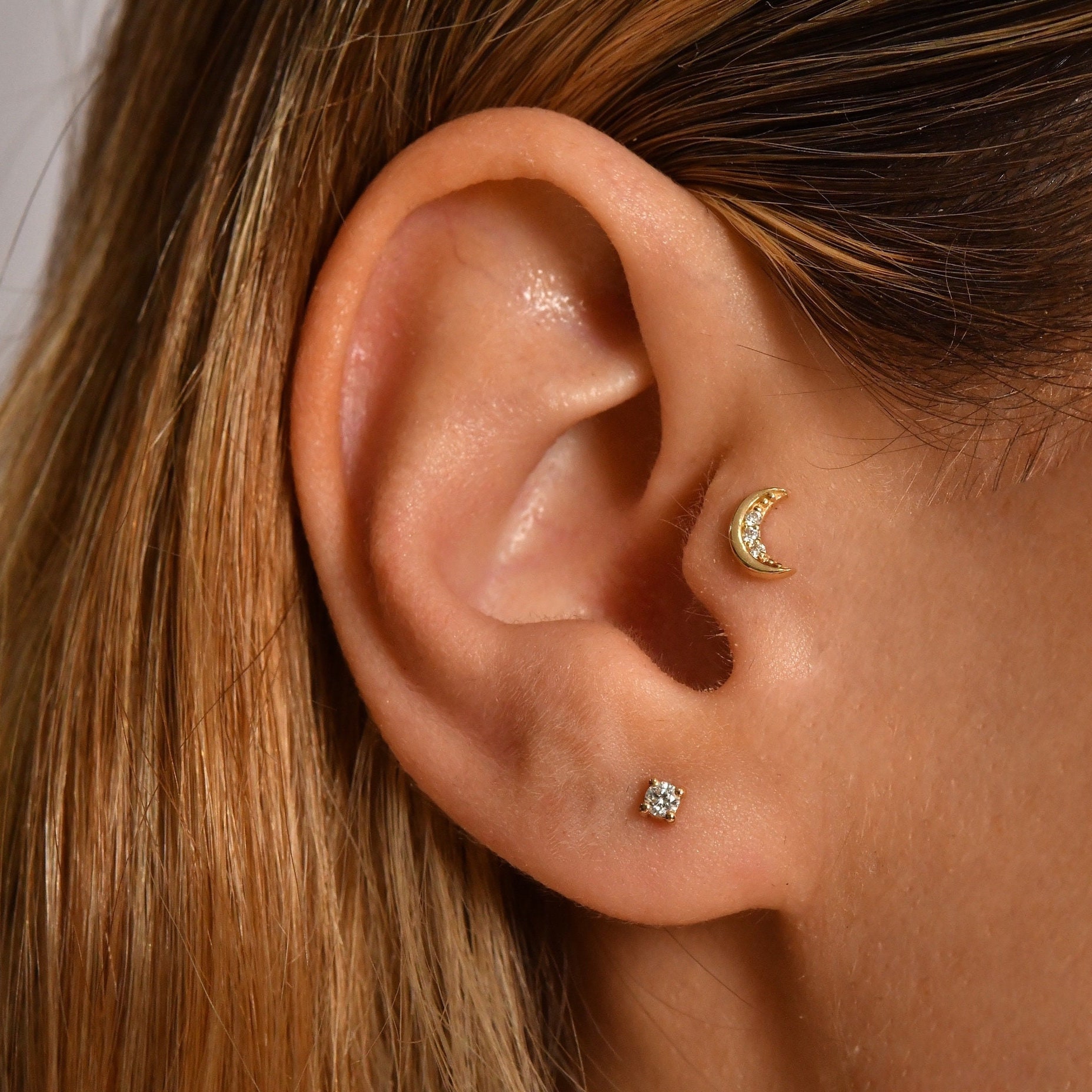 Flat Back Earrings Moon Tragus Earring, 14K Real Gold Moon Labret ...