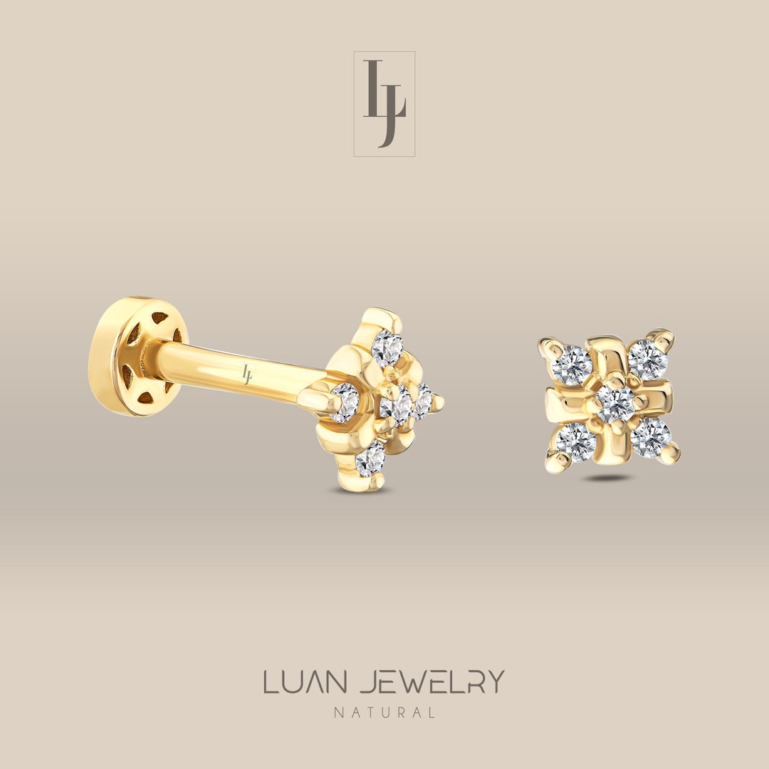 14K Real Diamond Floral Tragus Earring, High Quality Diamond Piercing ...