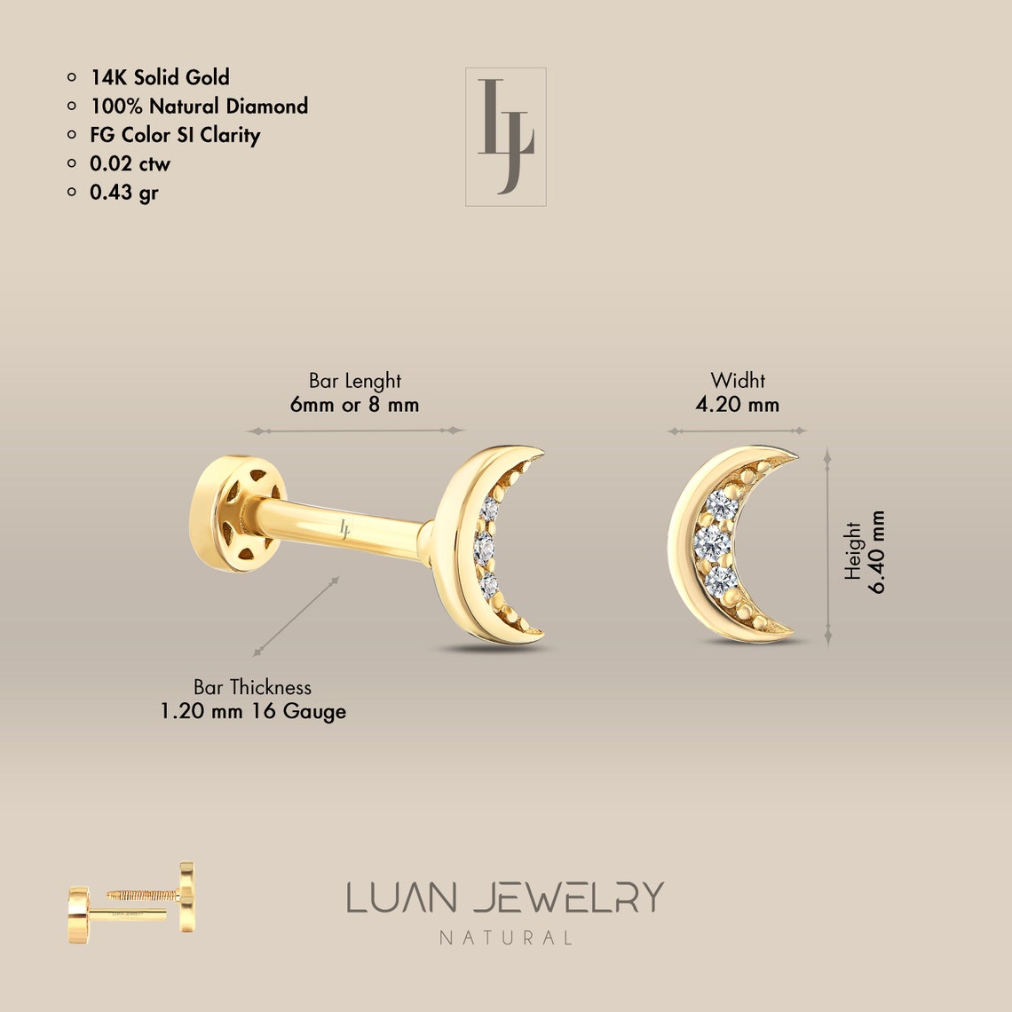 Flat Back Earrings Moon Tragus Earring, 14K Real Gold Moon Labret ...