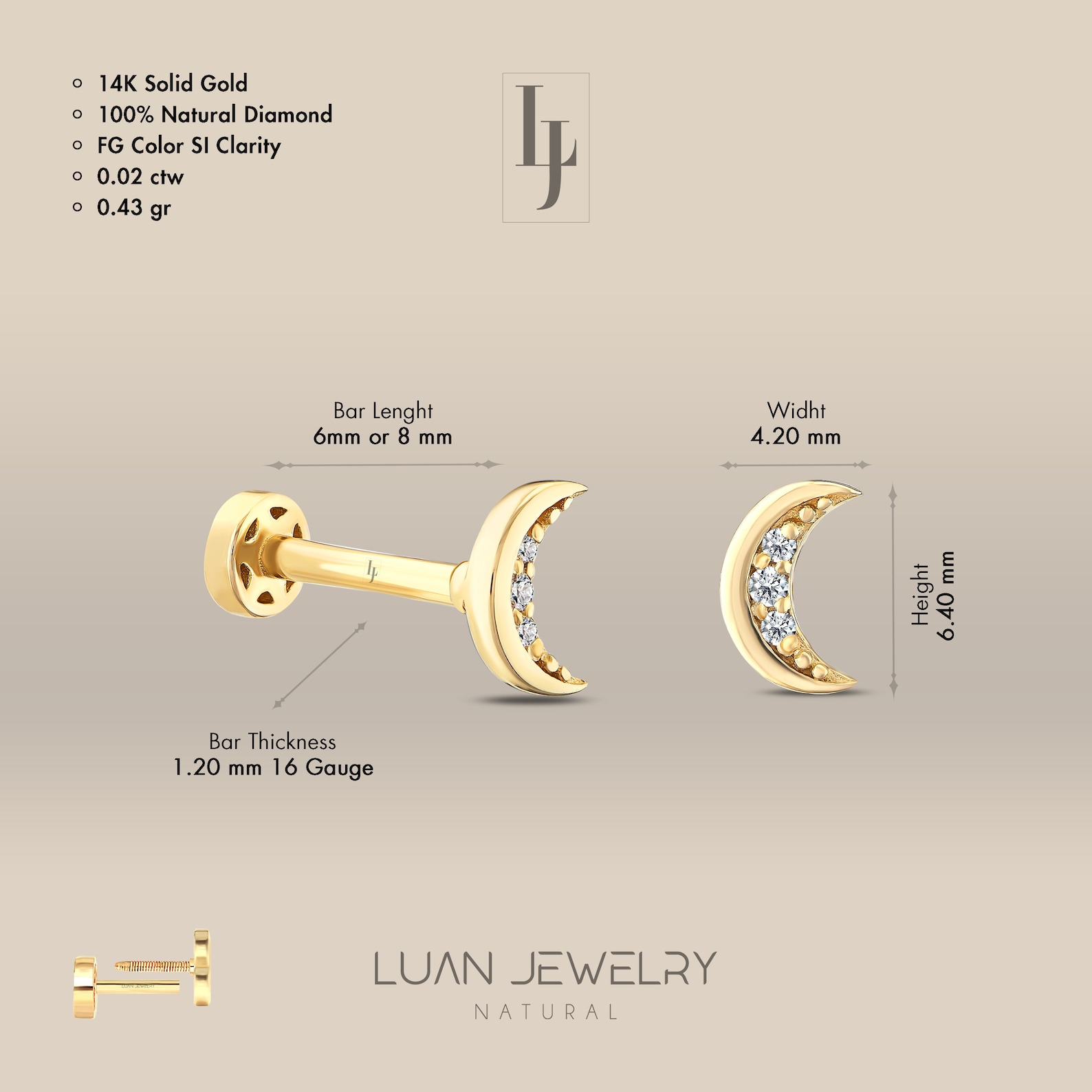 Flat Back Earrings Moon Tragus Earring, 14K Real Gold Moon Labret ...