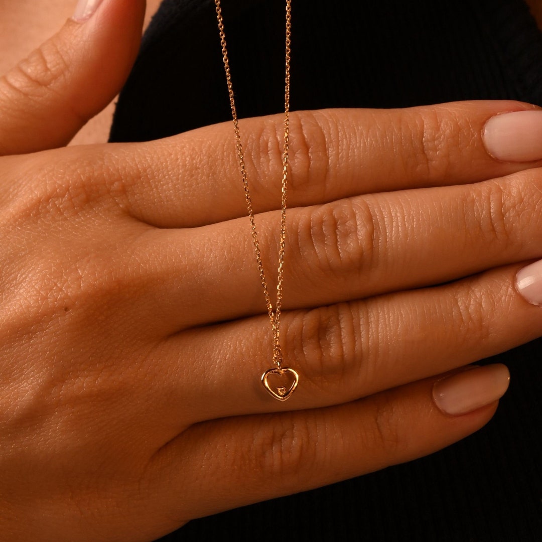 18K Real Gold Heart Necklace, Natural Diamond Heart Necklace, Real ...