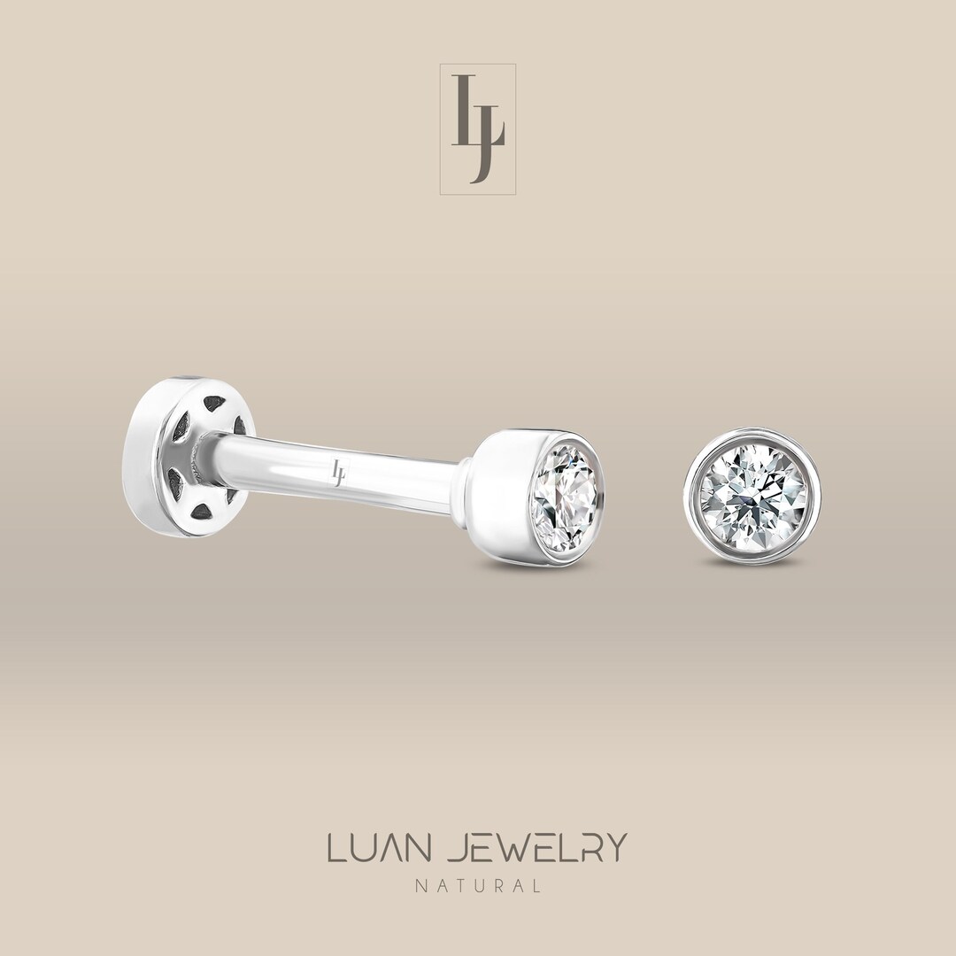 14K White Real Gold Tragus Earrings, Natural Diamond Solitaire Tragus ...