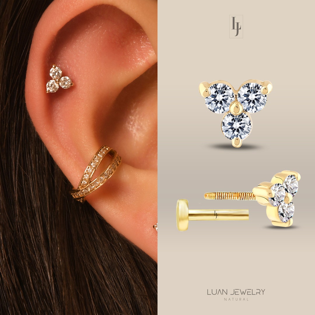 Flat Back Earrings Trio Diamond Tragus Earrings 16g , 14K Real Gold ...