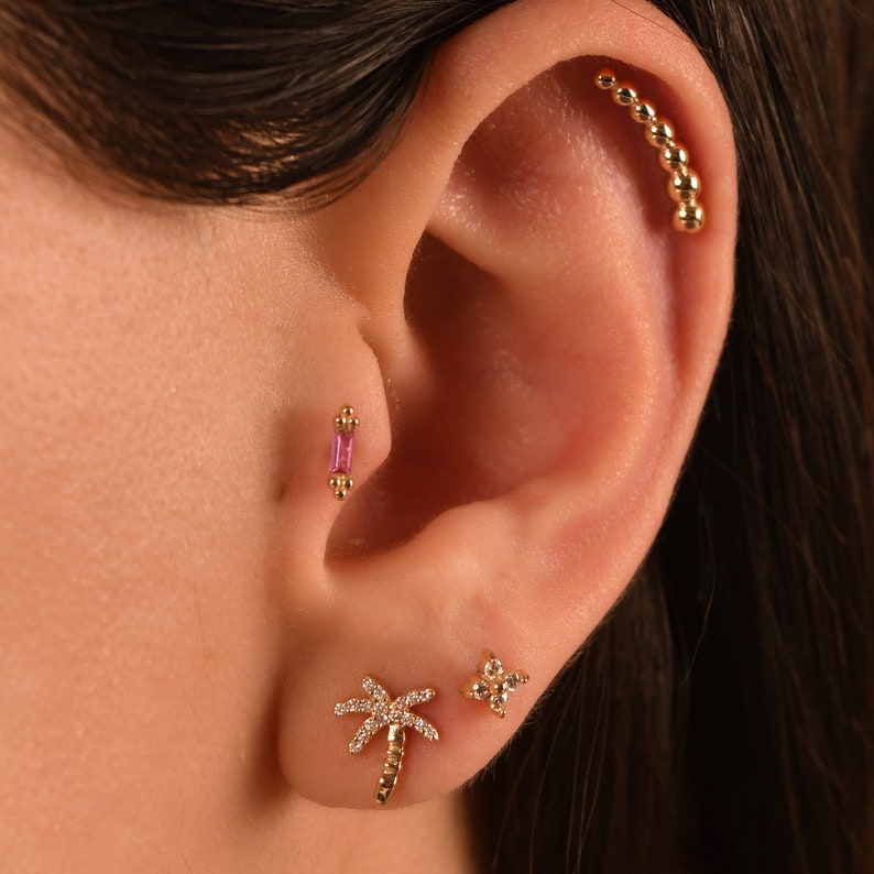 Natural Diamond Flower Flat Back Earrings, Floral Mini Tragus Piercing ...