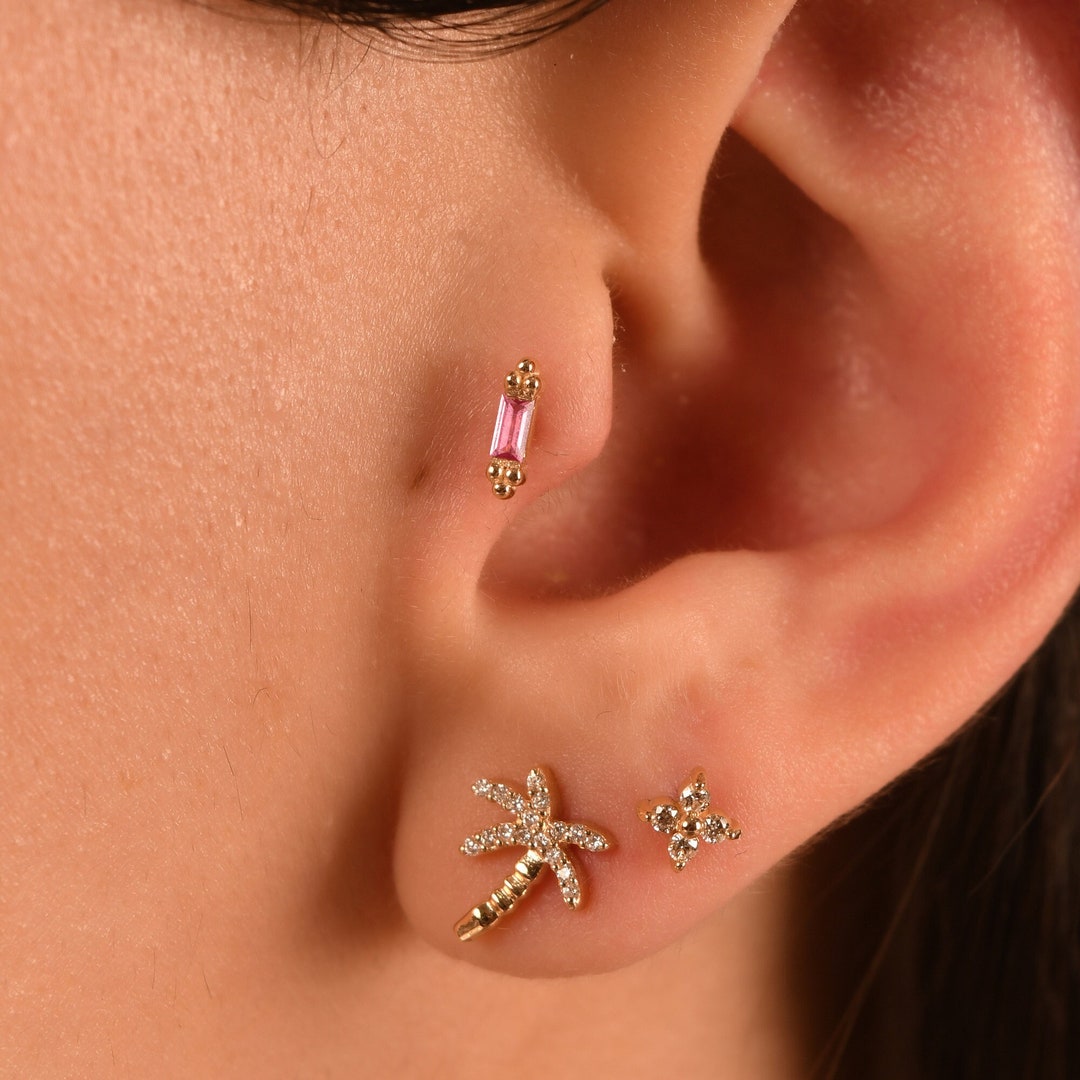 Baguette Pink Sapphire 14K Gold Tragus Earrings, Natural Gemstone ...