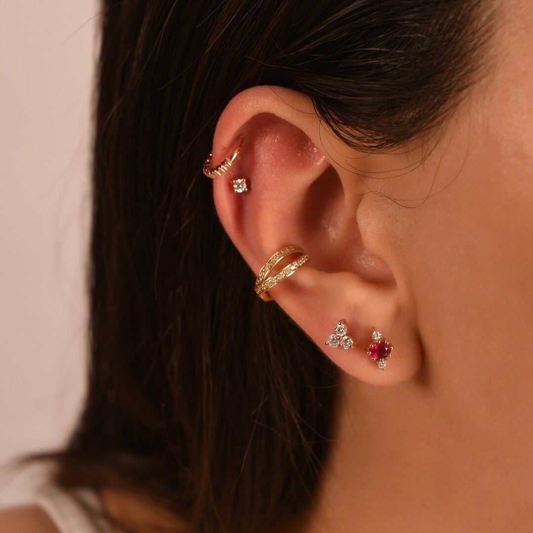 Diamond Trio Earrings, 14K Solid Gold Three Diamond Cluster Earring, 3 ...