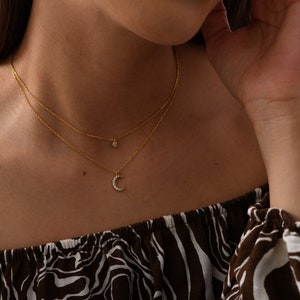 18K Diamond Moon Necklace, Diamond Crescent Moon Necklace, 14K Solid ...
