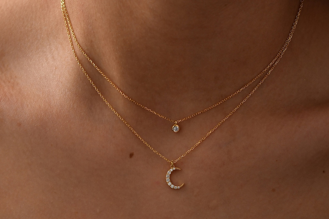 18K Diamond Moon Necklace, Diamond Crescent Moon Necklace, 14K Solid ...