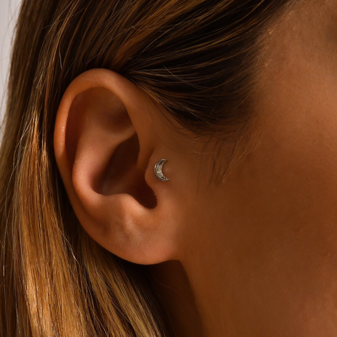 Flat Back Earrings Moon Tragus Earring, 14K Real Gold Moon Labret ...