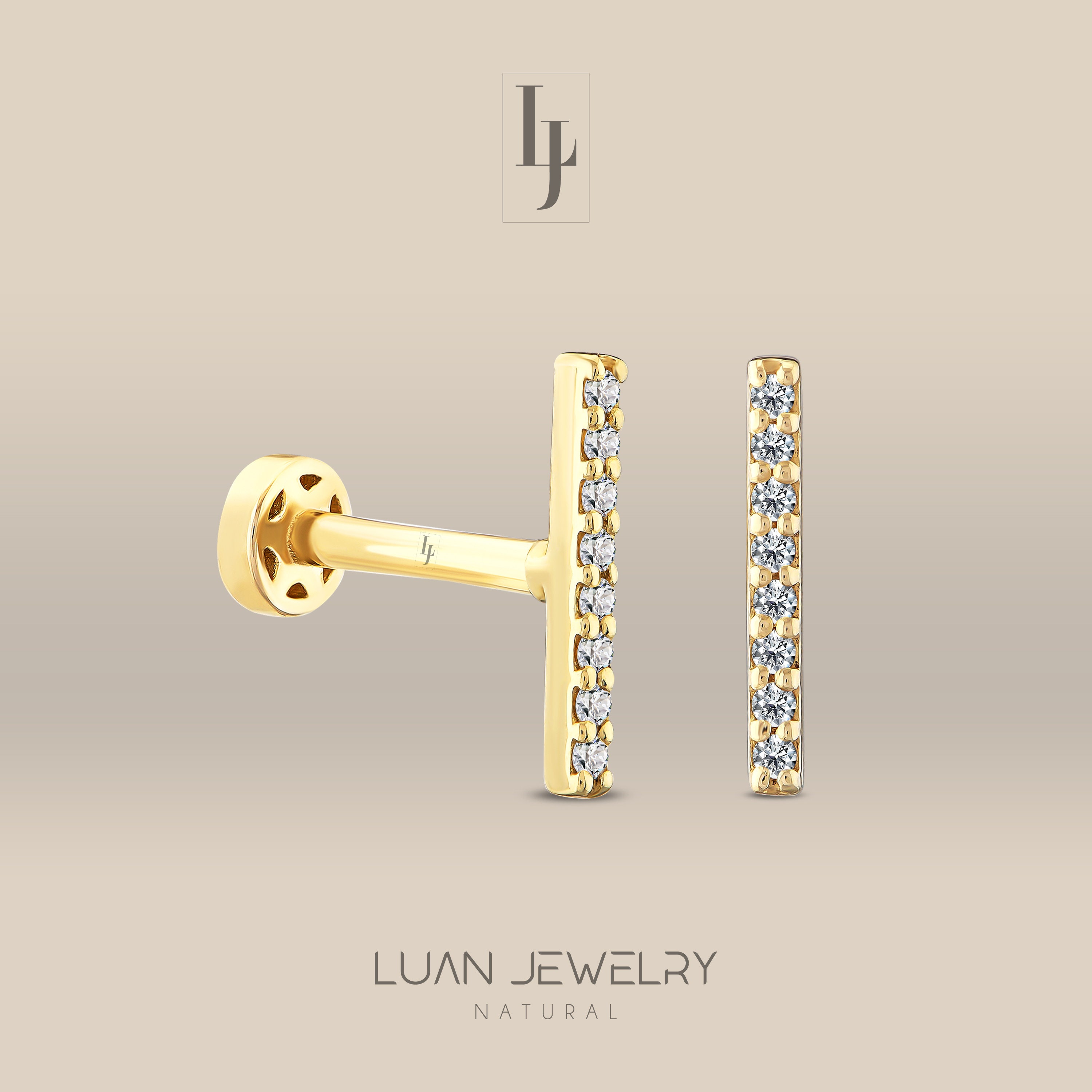 14K Solid Gold Diamond Vertical Helix Earrings, Bar Tragus Earrings ...
