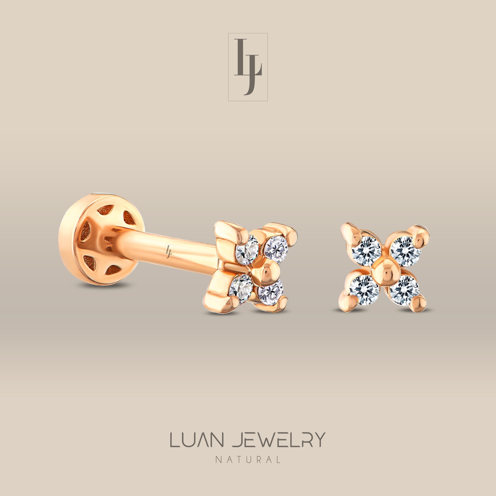 Natural Diamond Flower Flat Back Earrings, Floral Mini Tragus Piercing ...