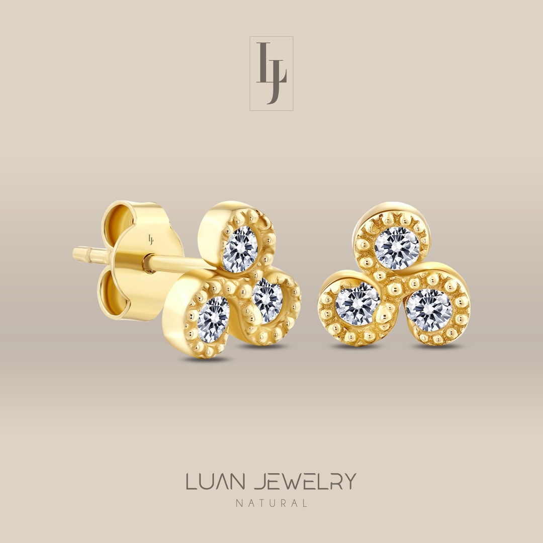 Real Diamond Trio Stud Earrings 0.25 Ct, 14K/18K Solid Gold Three Diamond Petite Earrings, 3 ...