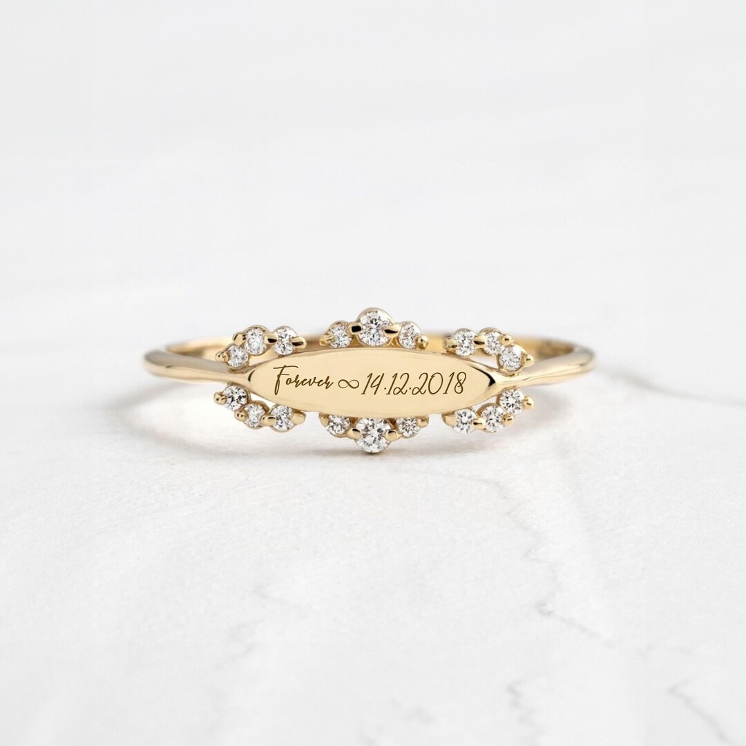14K Solid Gold Diamond Custom Engraved Family Ring, Children Names ...