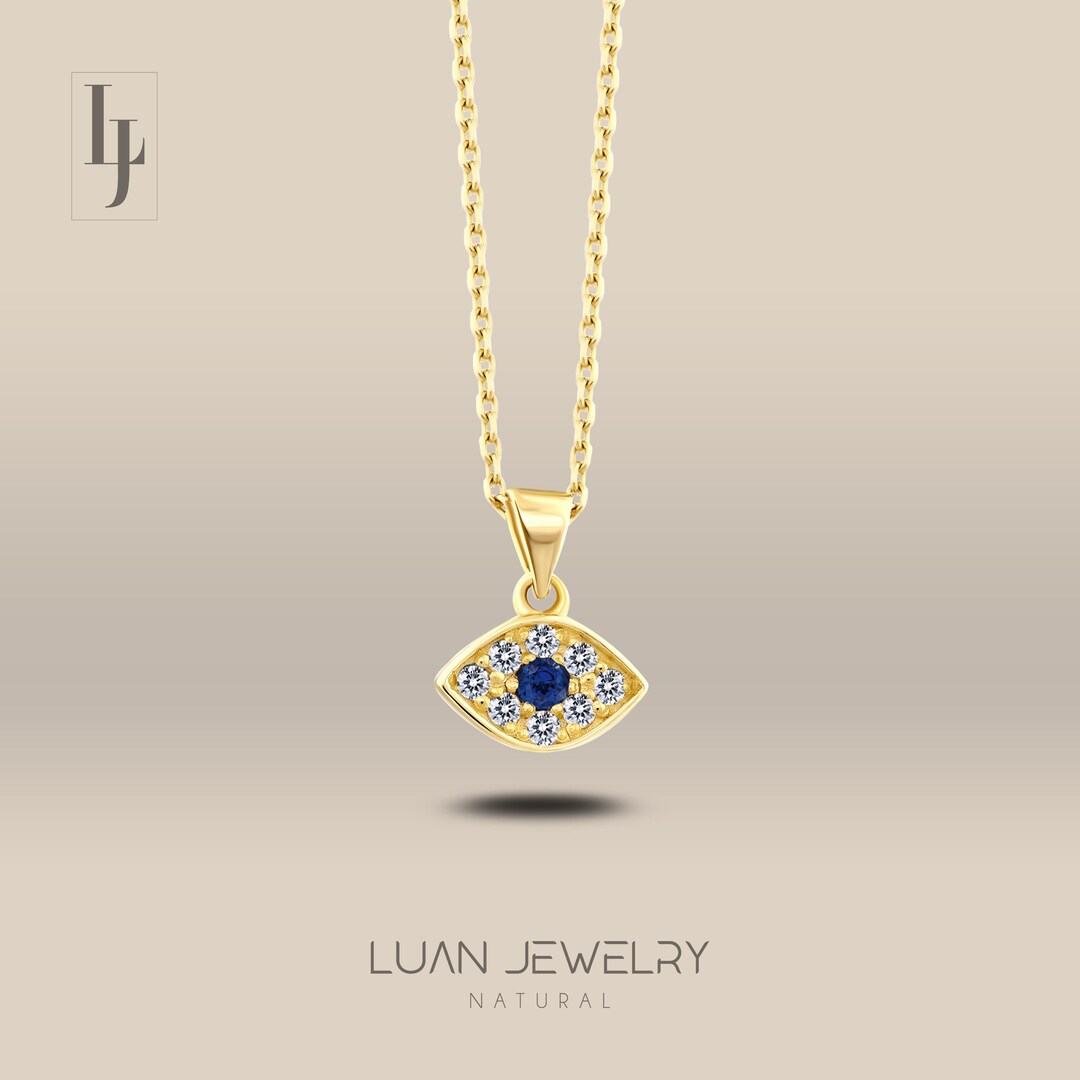 Real Diamond and Sapphire Mini Evil Eye Necklace, 14K Real Gold Evil ...