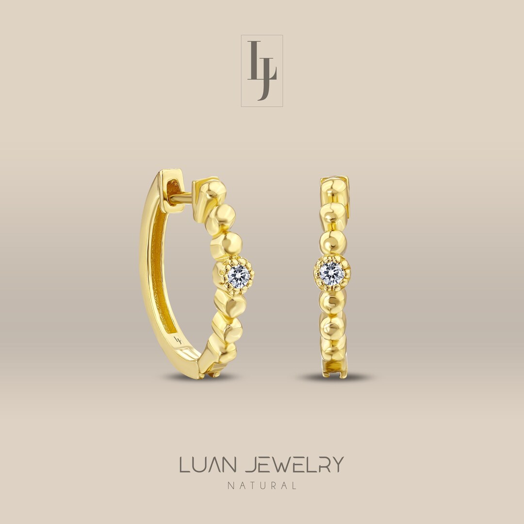 14K Solid Gold Diamond Small Hoop Earrings, Solitaire Diamond Huggie ...