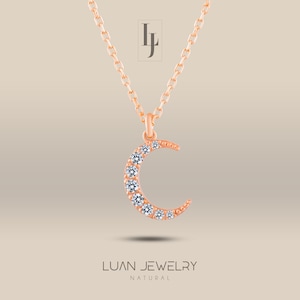 18K Diamond Moon Necklace, Diamond Crescent Moon Necklace, 14K Solid ...