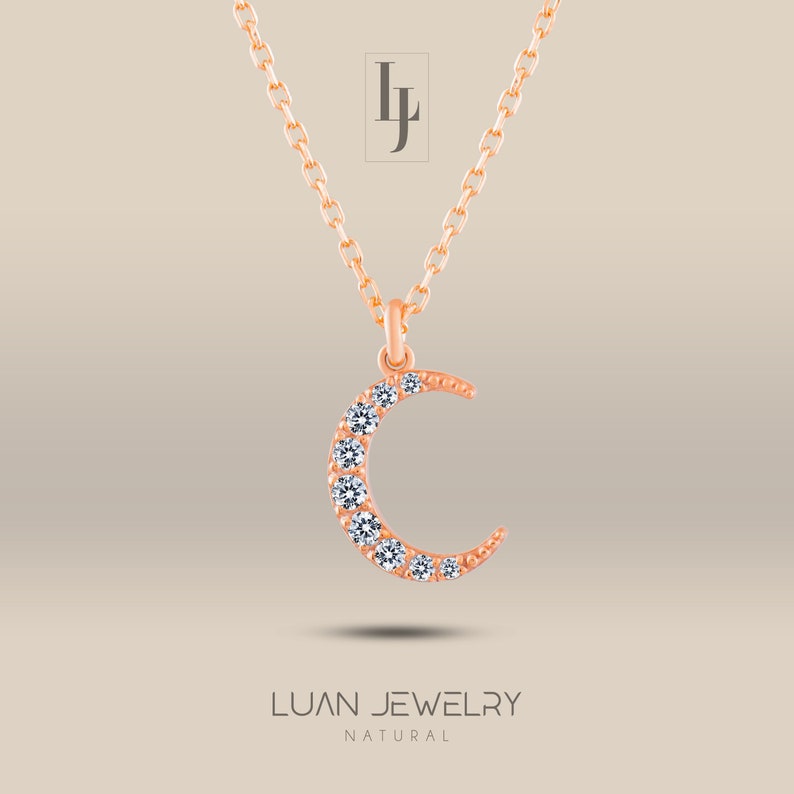 18K Diamond Moon Necklace, Diamond Crescent Moon Necklace, 14K Solid ...
