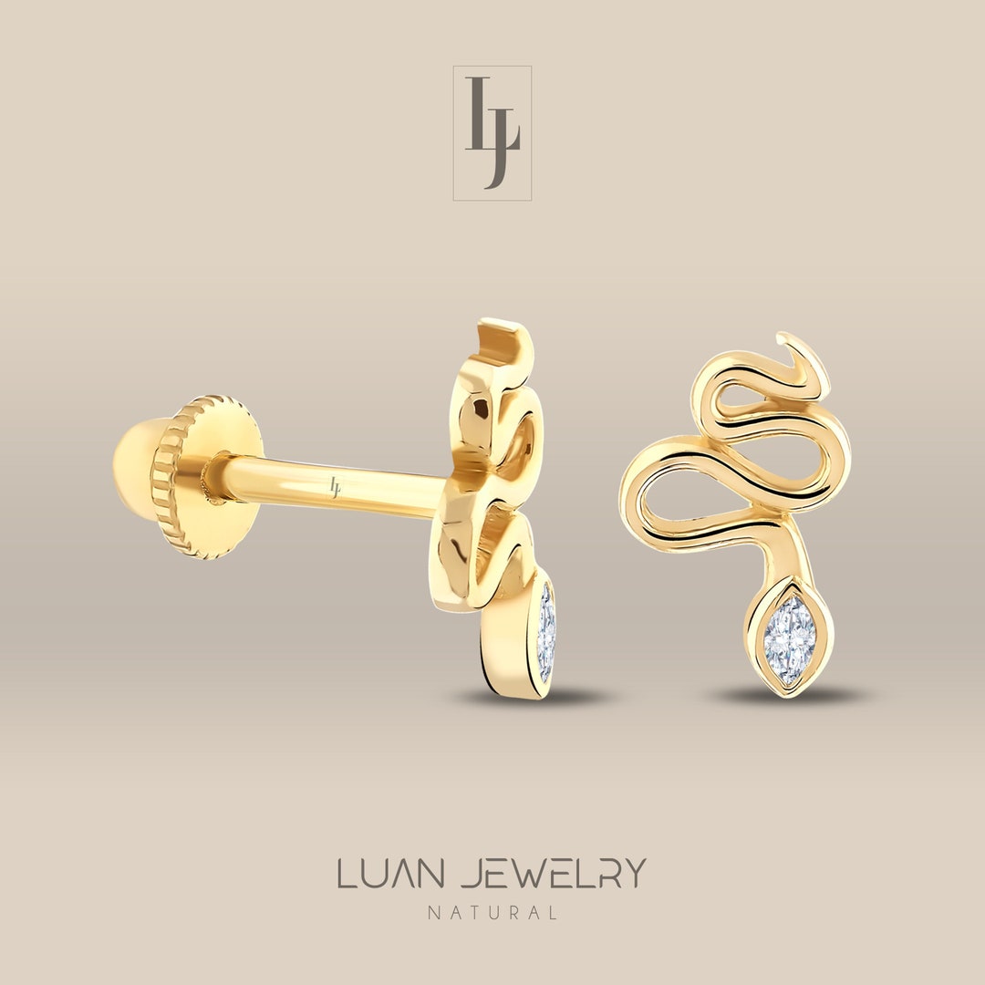 14K Solid Gold Snake Stud Helix Earrings, Real Diamond Tragus Piercing ...