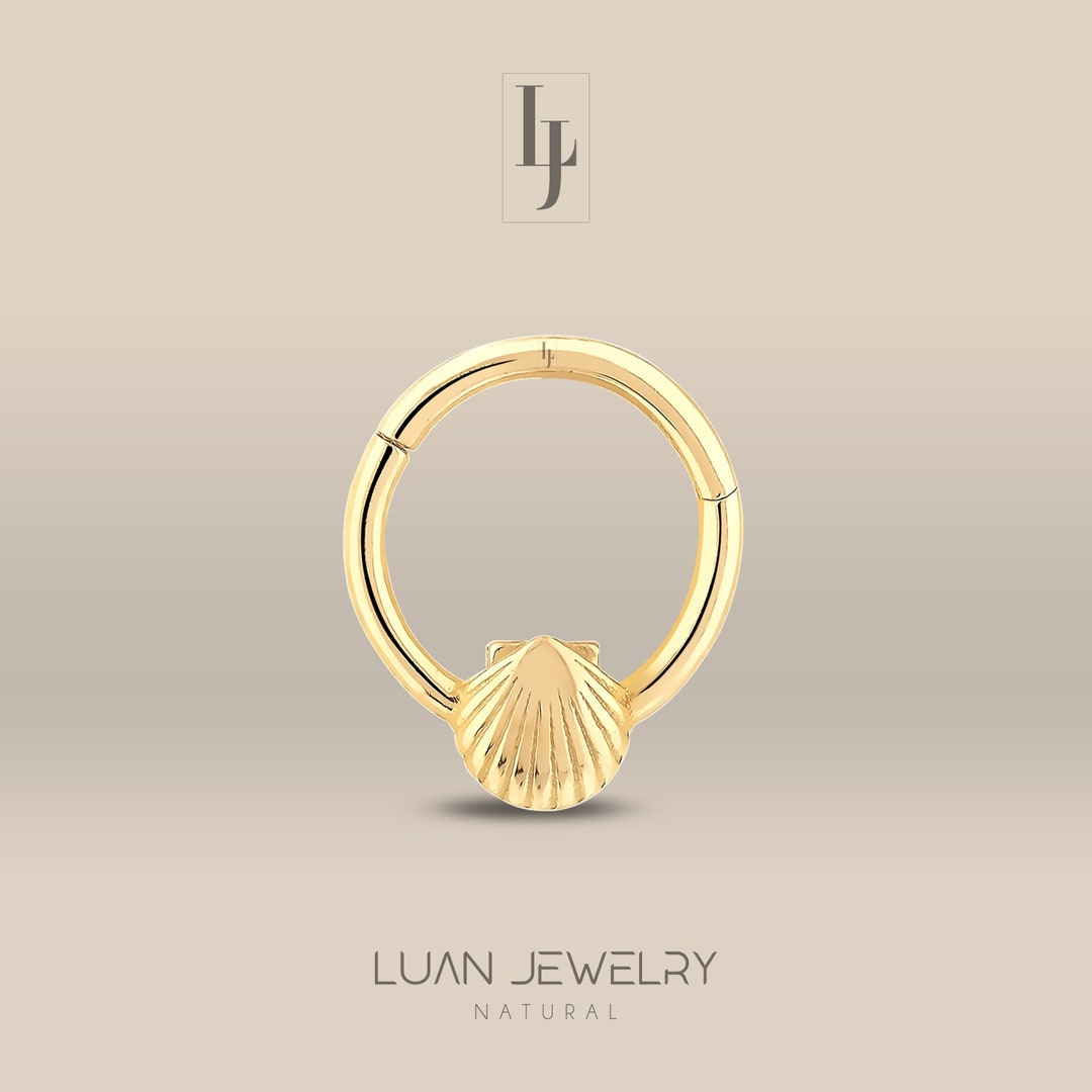 14K Gold Sea Shell Helix Earring, Hoop Rook Piercing, Sea Shell Daith ...