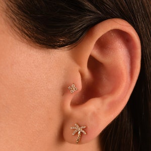 Natural Diamond Flower Flat Back Earrings, Floral Mini Tragus Piercing ...