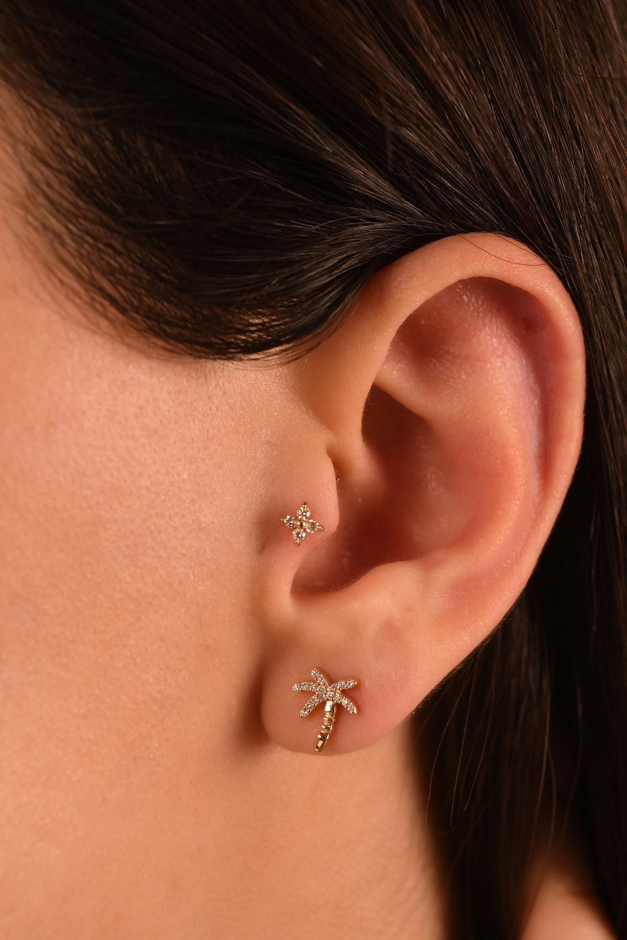 Natural Diamond Flower Flat Back Earrings, Floral Mini Tragus Piercing ...