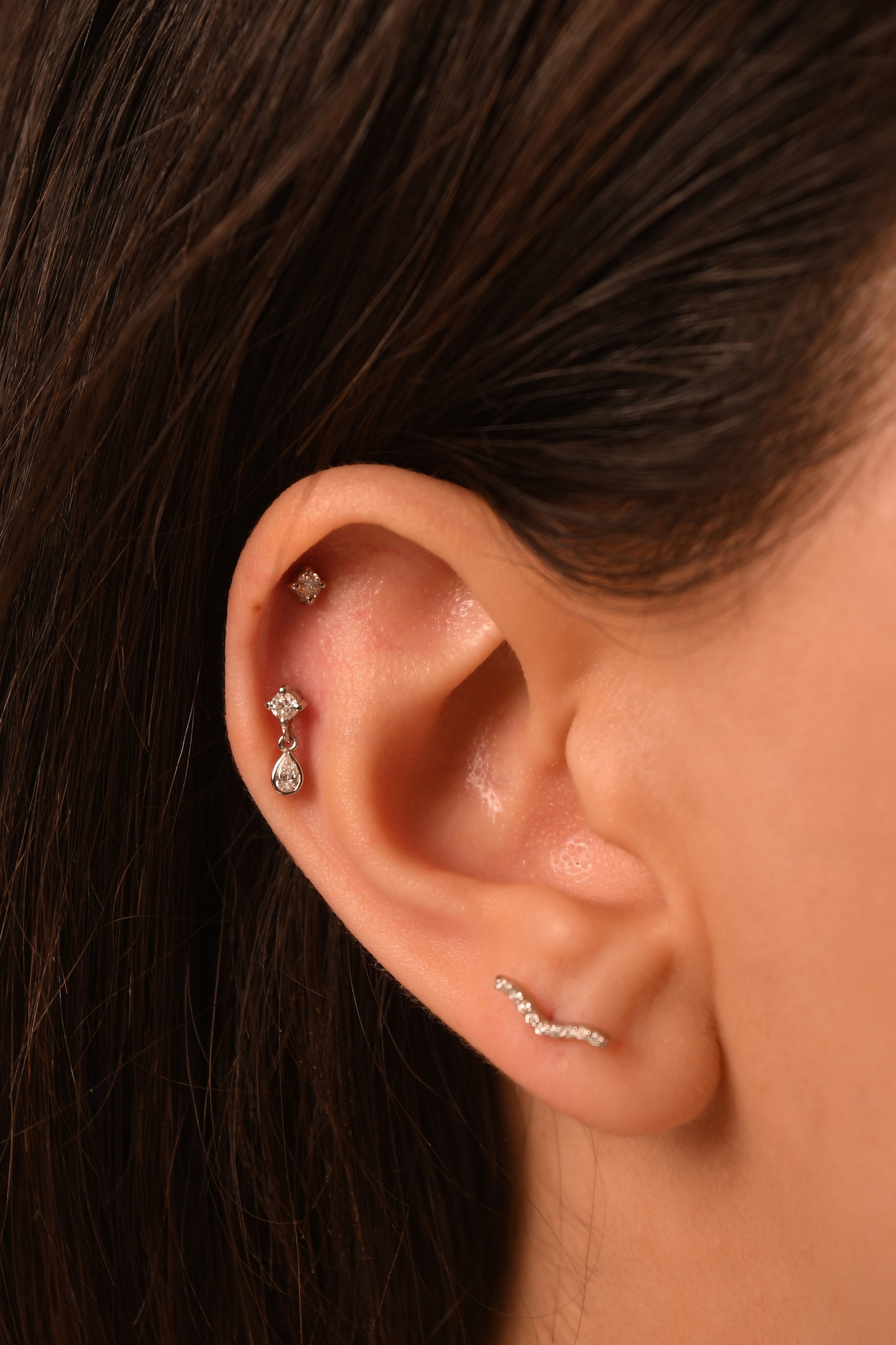 14K Gold Diamond Dangle Cartilage Earrings, Diamond Helix Earrings ...