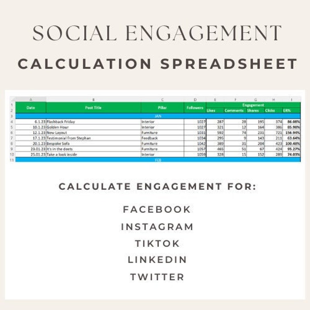 Social Media Engagement Rate Analytics Calculator Spreadsheet - Etsy UK