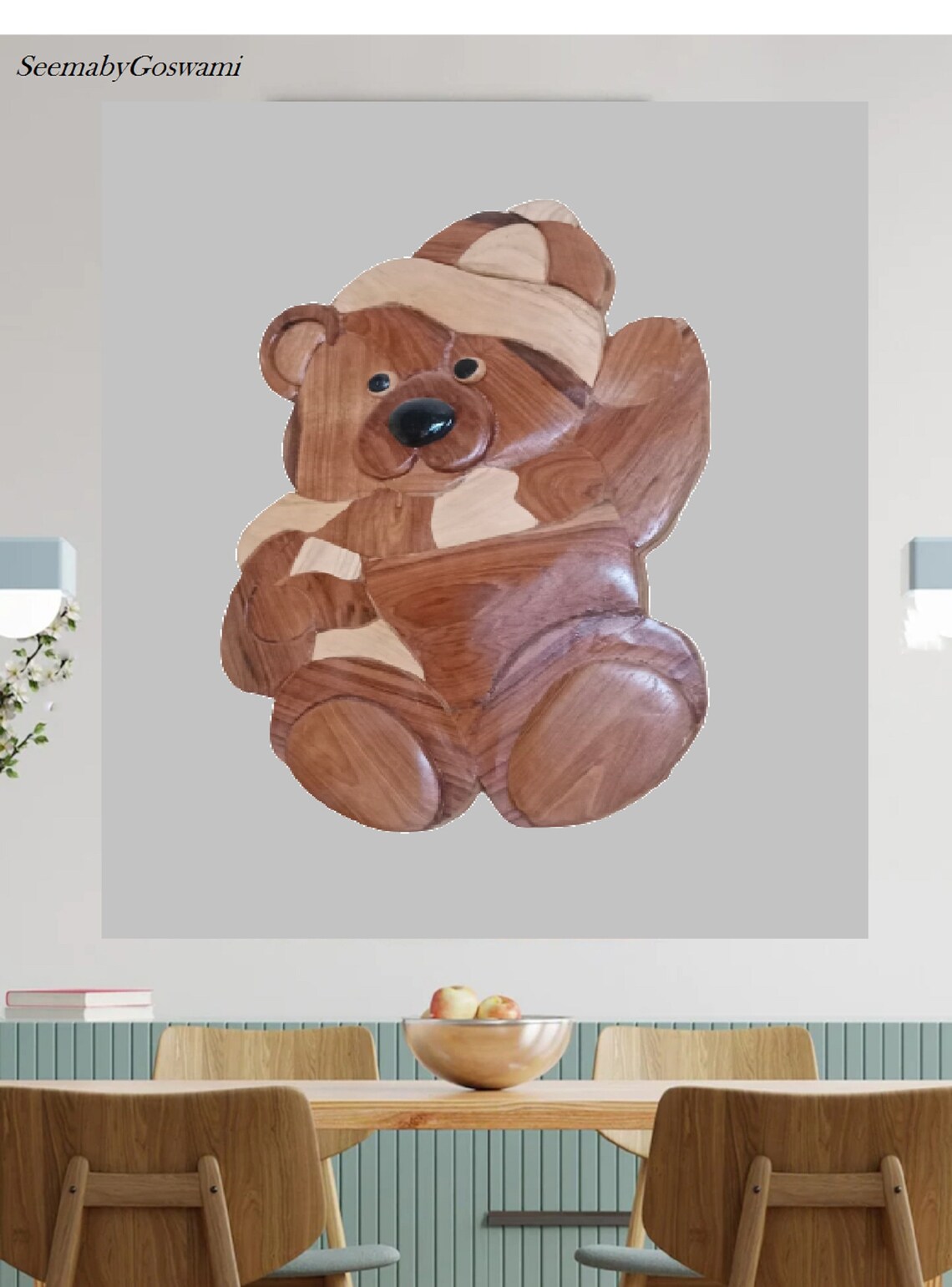 Beautiful Wooden Teddy Bear, Wall Hanging Art, Modern Art, Wall Decals ...