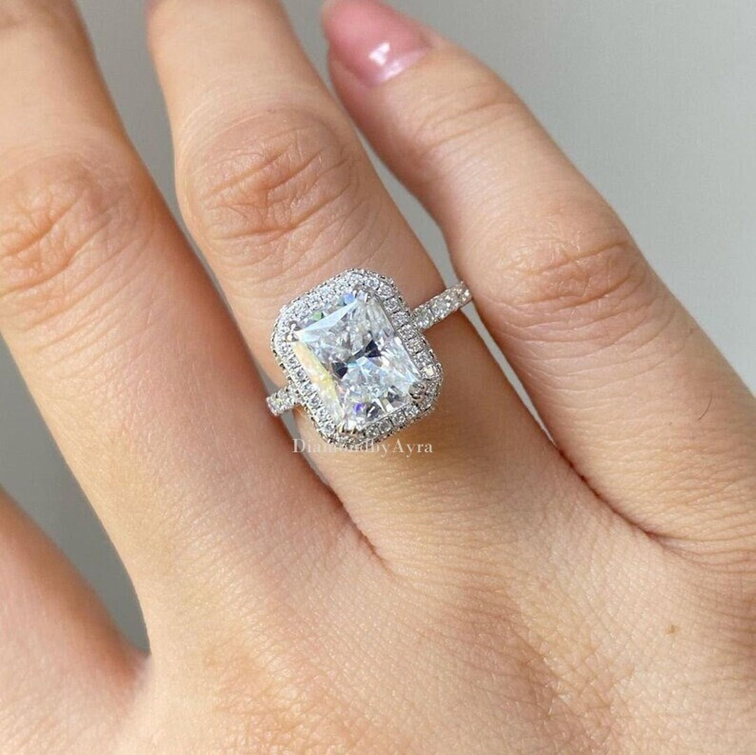 3.5 CT Radiant Cut Halo Engagement Ring Radiant Moissanite Diamond Ring ...