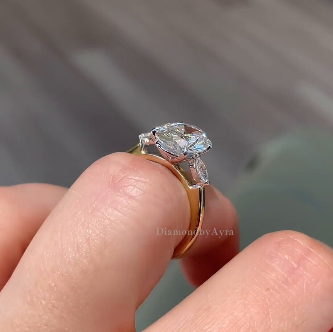3 CT Oval Cut Moissanite Three Stone Engagement Ring Three Stones Wedding Ring Oval and Marquise ...